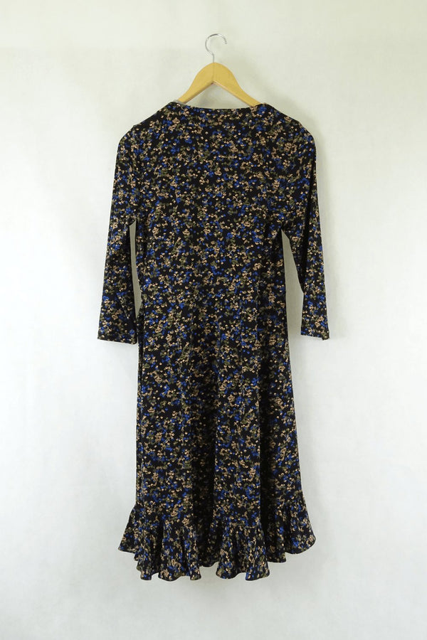 Basque Black Floral 3/4 Sleeve Wrap Dress 8 - Reluv Clothing Australia